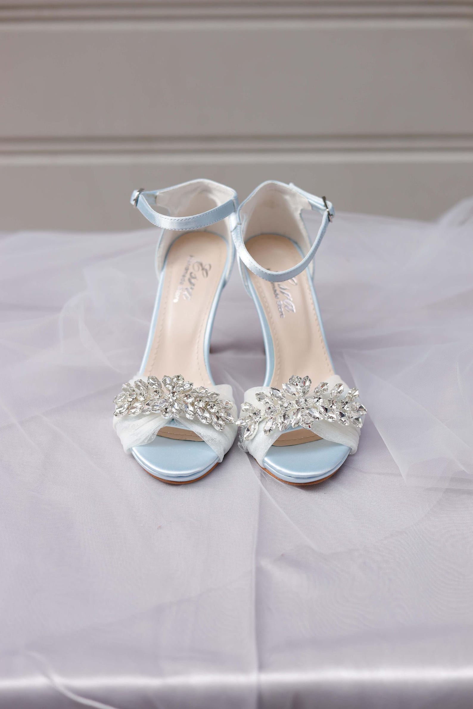Elegant Baby Blue Bridal Heels | Wedding Heels With Tulle Rhinestone ...
