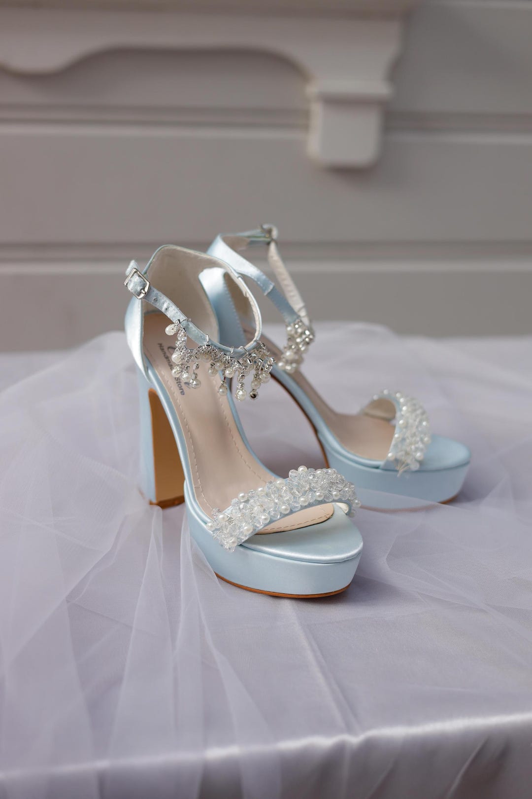 Elegant Baby Blue Platform Heels With Crystal Ankle and Toe ...