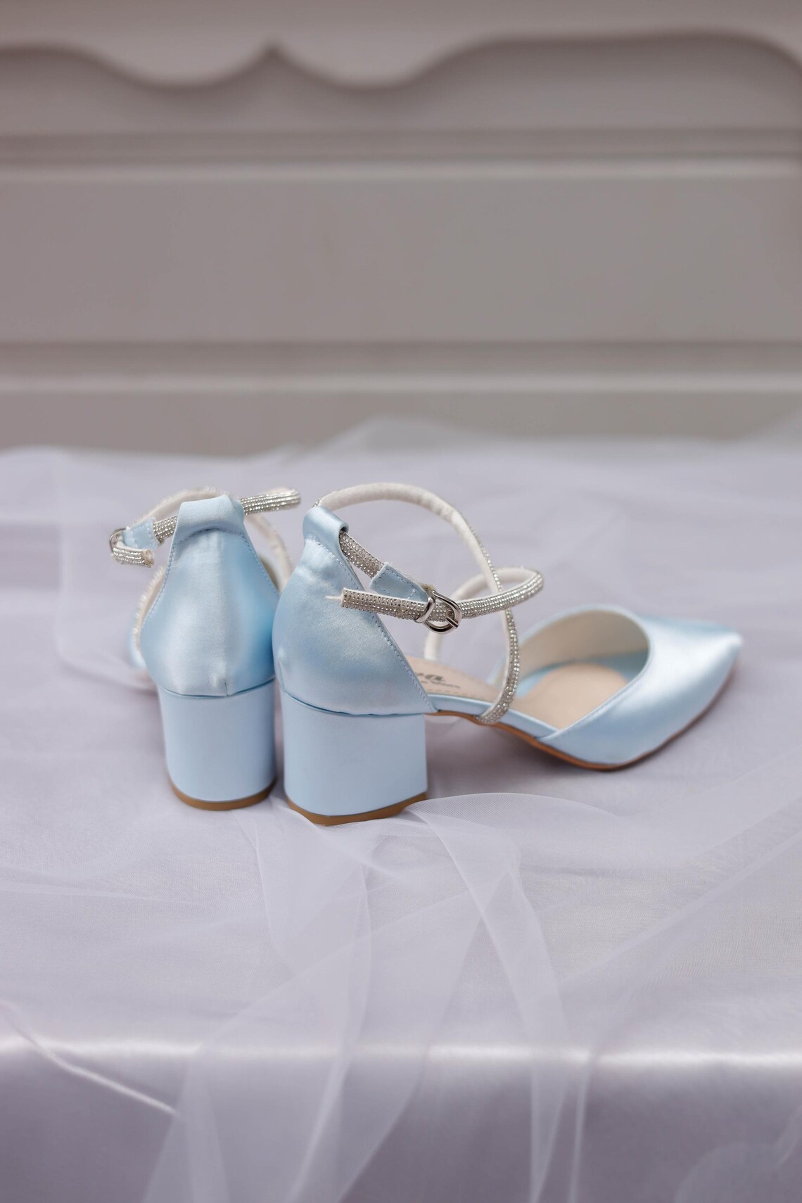 Elegant Blue Satin Bridal Heels | Strappy Rhinestone Wedding Shoes With ...