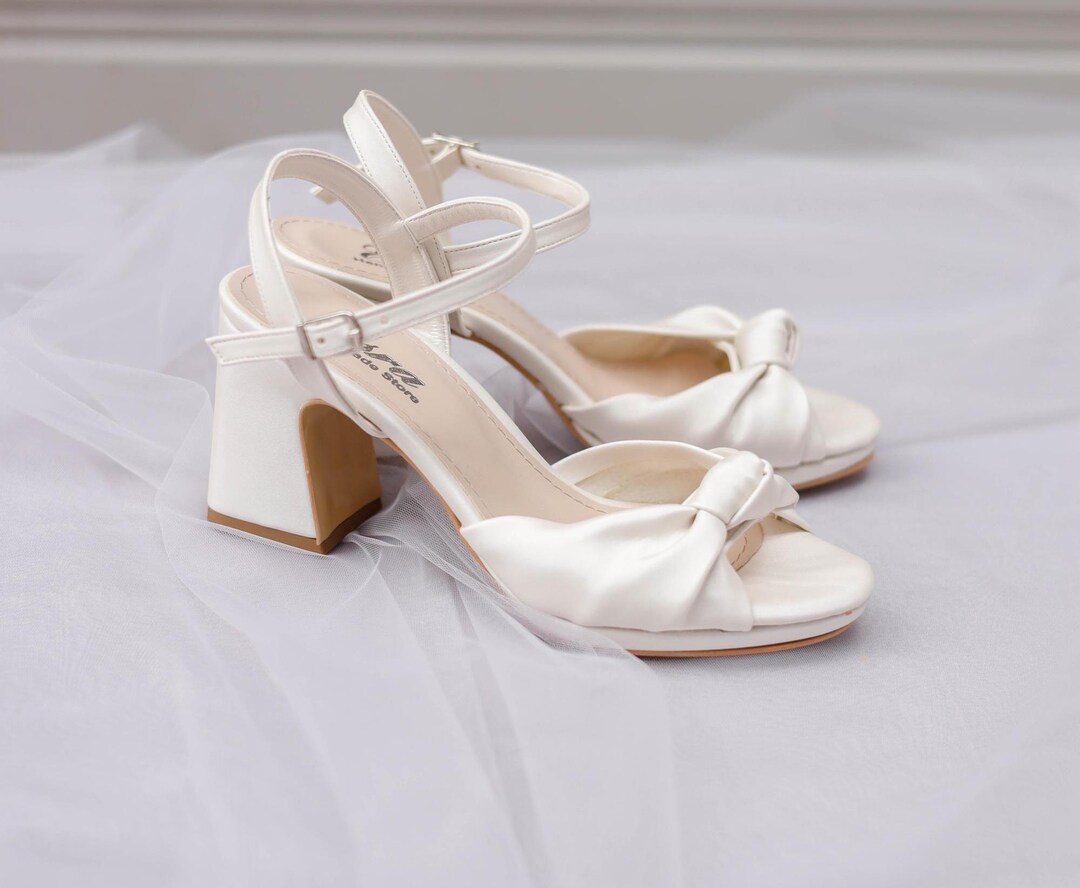 Ivory Satin Bridal Heels | Elegant Bow Knot Wedding Shoes With Block ...