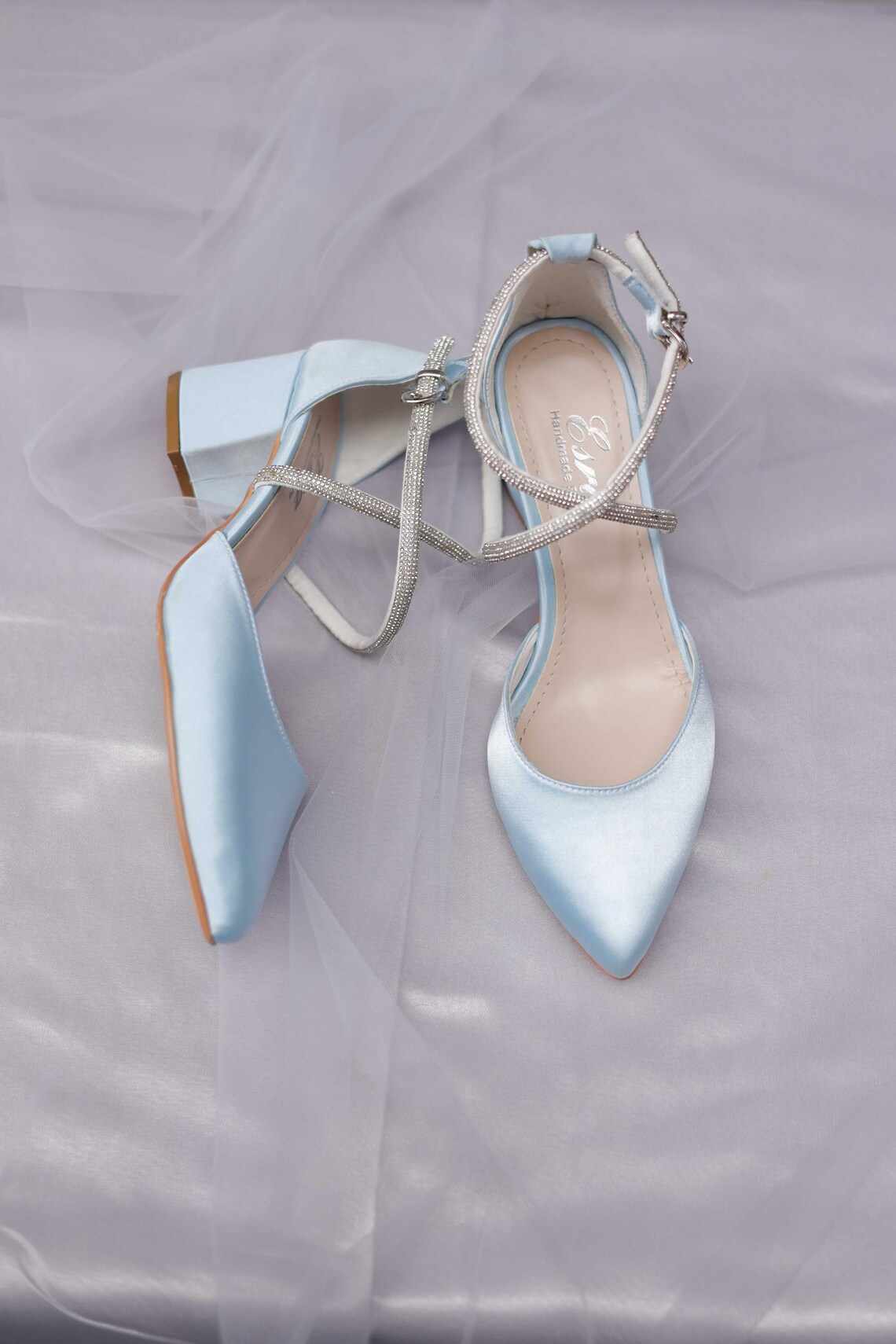 Elegant Blue Satin Bridal Heels | Strappy Rhinestone Wedding Shoes With ...