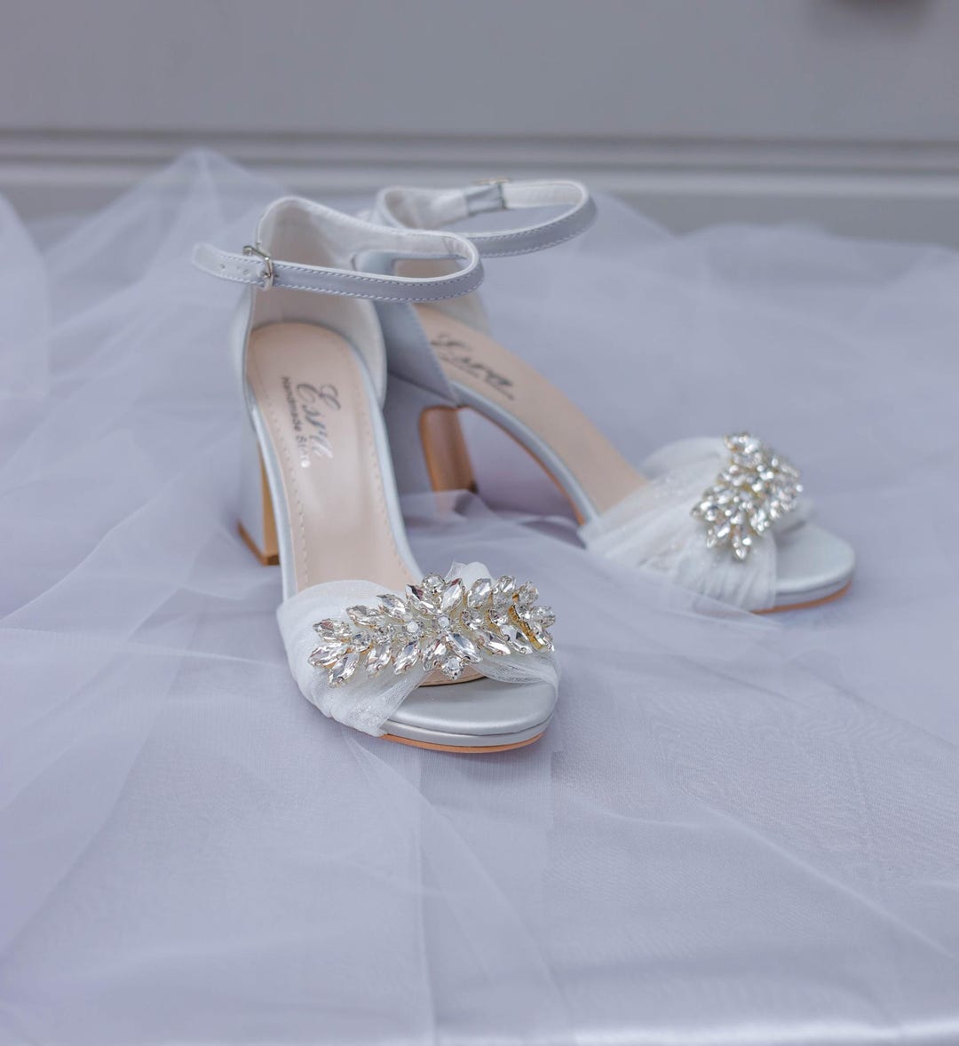 Luxury Silver Bridal Heels | Rhinestone Embellished Satin Sandals ...
