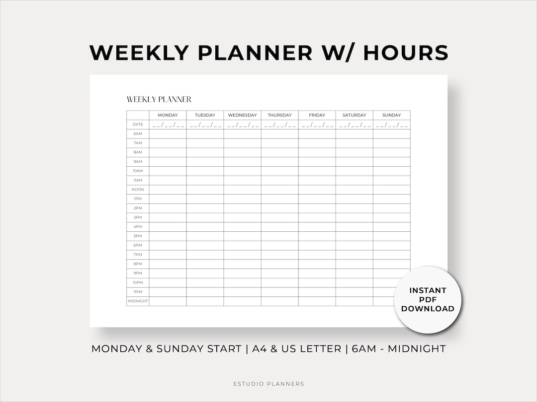 Weekly Planner, Weekly Planner With Hours, Hourly Weekly Schedule ...