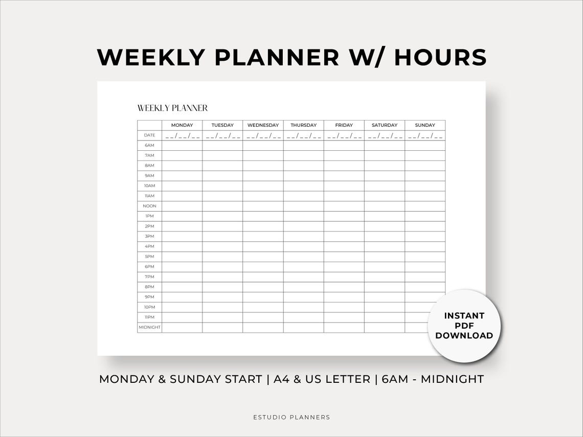 Weekly Planner, Weekly Planner With Hours, Hourly Weekly Schedule ...