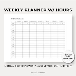 Weekly Planner, Weekly Planner With Hours, Hourly Weekly Schedule ...