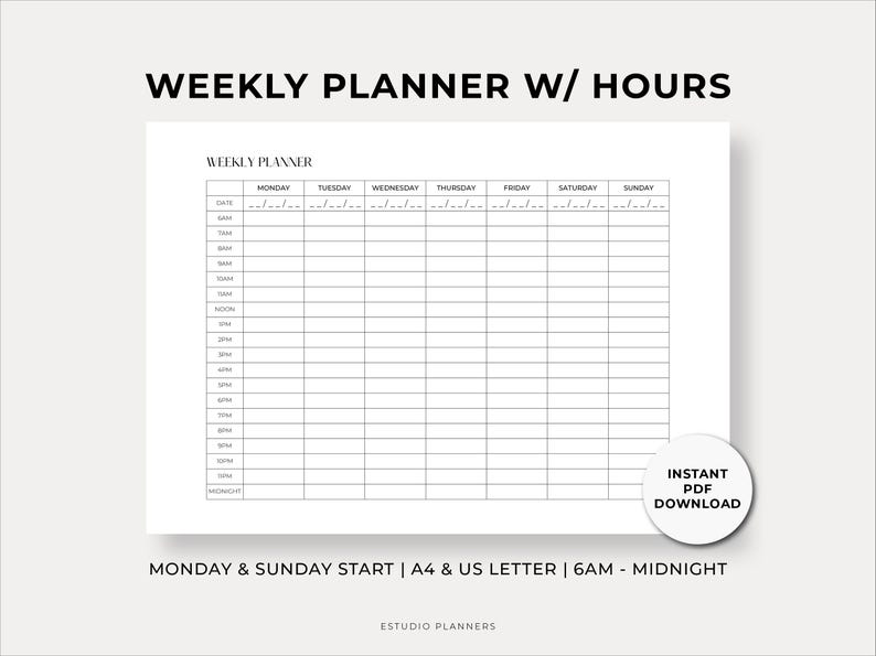 Weekly Planner, Weekly Planner With Hours, Hourly Weekly Schedule ...