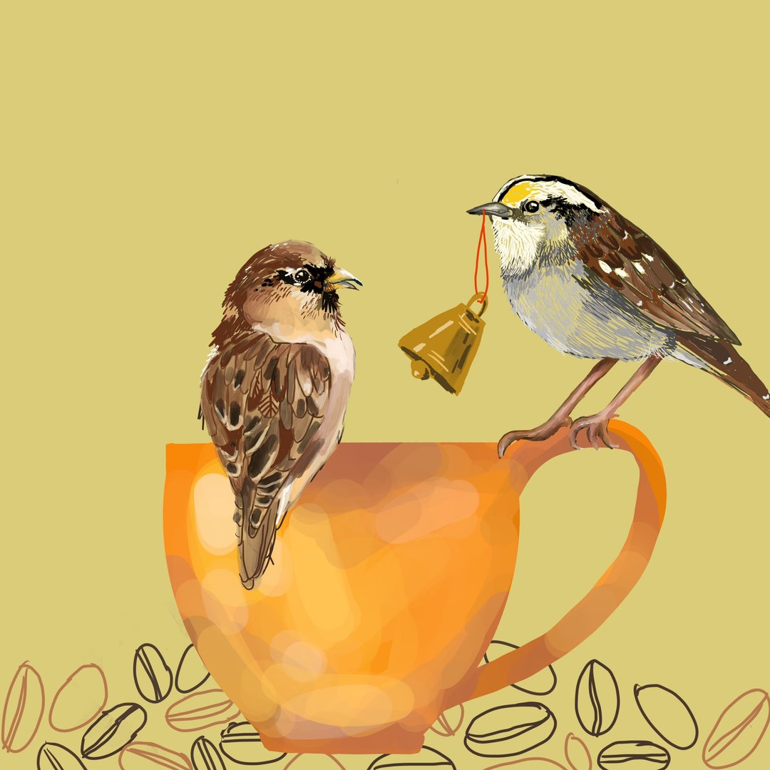 Sparrows on Coffee Cup, 8"x8", Print - Etsy