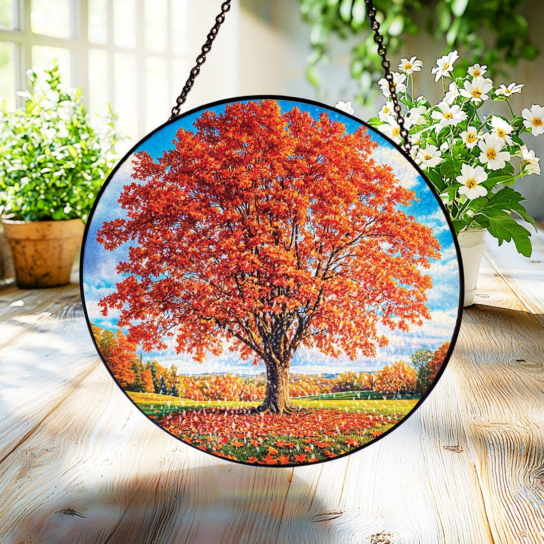 Autumn Tree Stained Glass Sun Catcher Fall Season Decorate Window ...