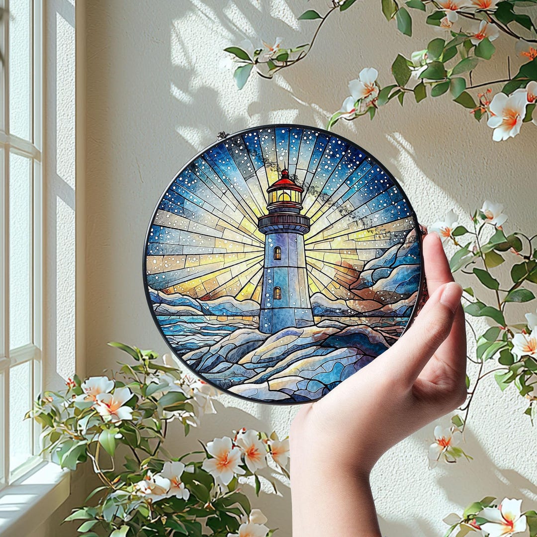 Lighthouse Stained Glass Decor, Lighthouse Sunset Suncatcher, Beach ...