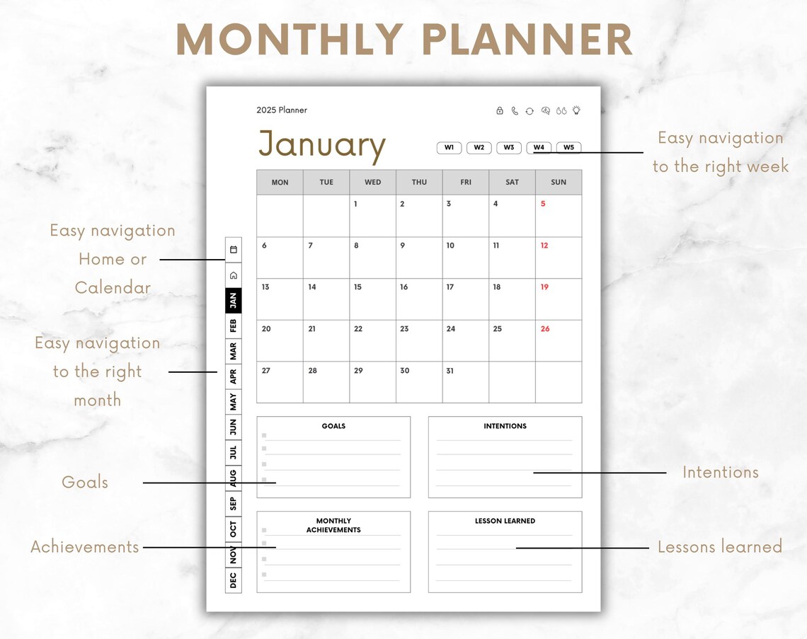Remarkable 2025 Year Planner | Digital Monthly & Weekly Calendar ...