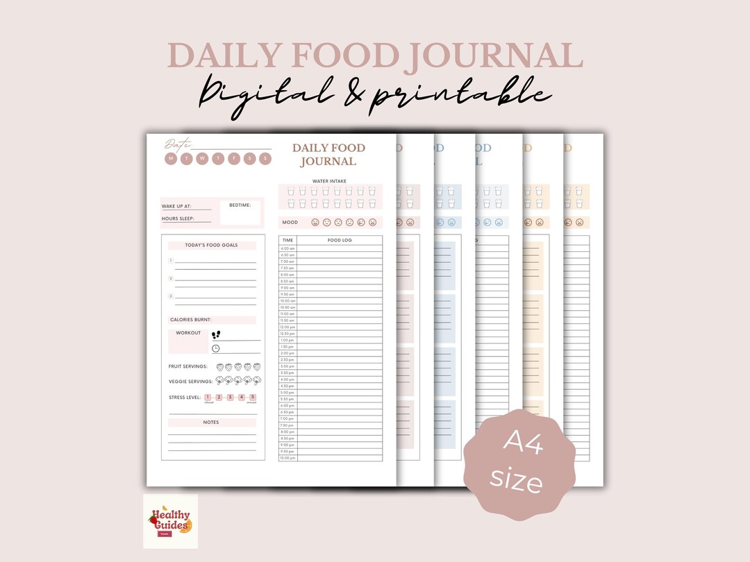 Daily Food Diary Journal Printable & Digital| Including Water, Mood ...