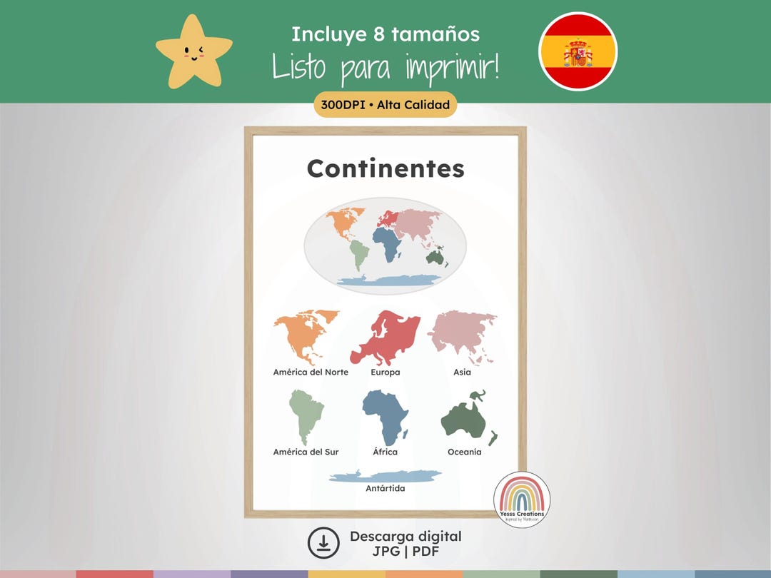 Continents Poster Spanish – Kids Wall Art Print, Educational Nursery ...