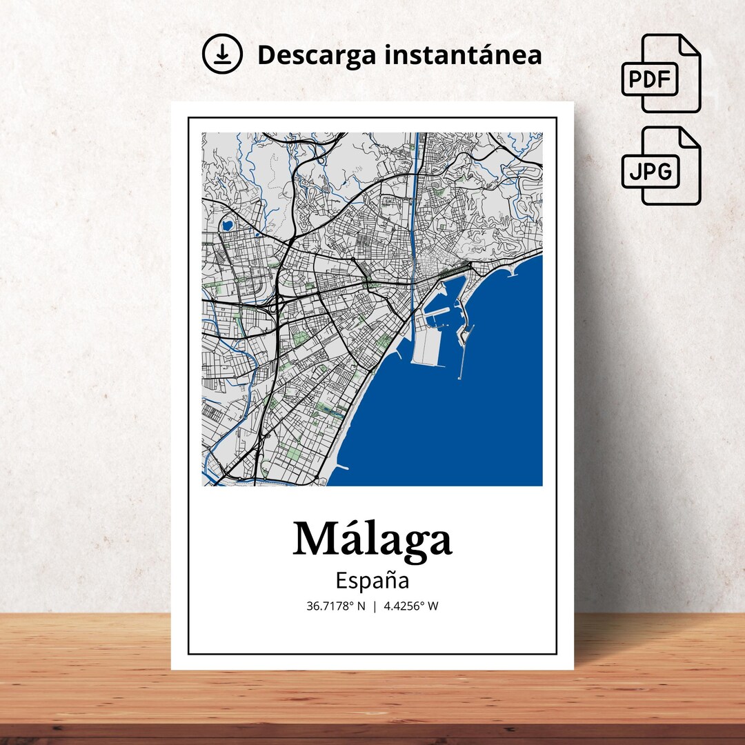 Malaga Spain Map - Minimalist Printable Digital Poster for Office and ...