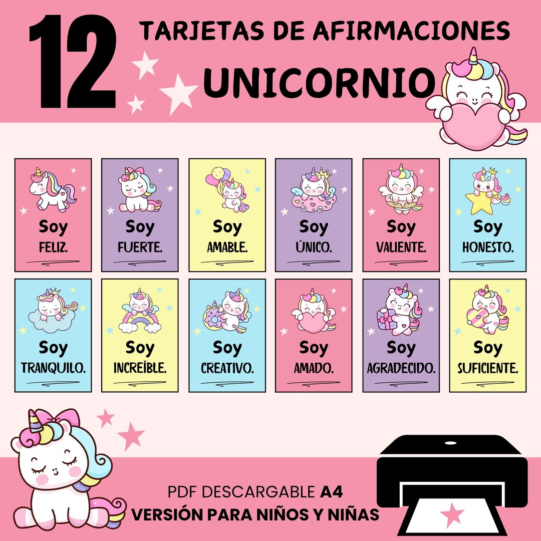 12 Affirmation Cards for Kids, Unicorn, PDF A4, Kids Motivation, Self ...