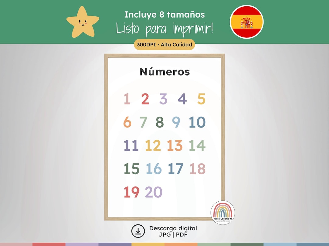 Numbers 1-20 Poster Spanish – Kids Wall Art Print, Educational Nursery ...