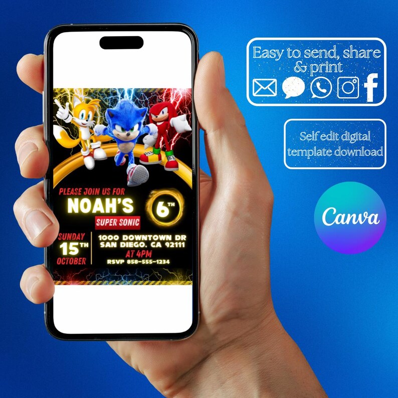 Sonic the Hedgehog Kids Birthday Invitation (super Sonic 6th Birthday ...