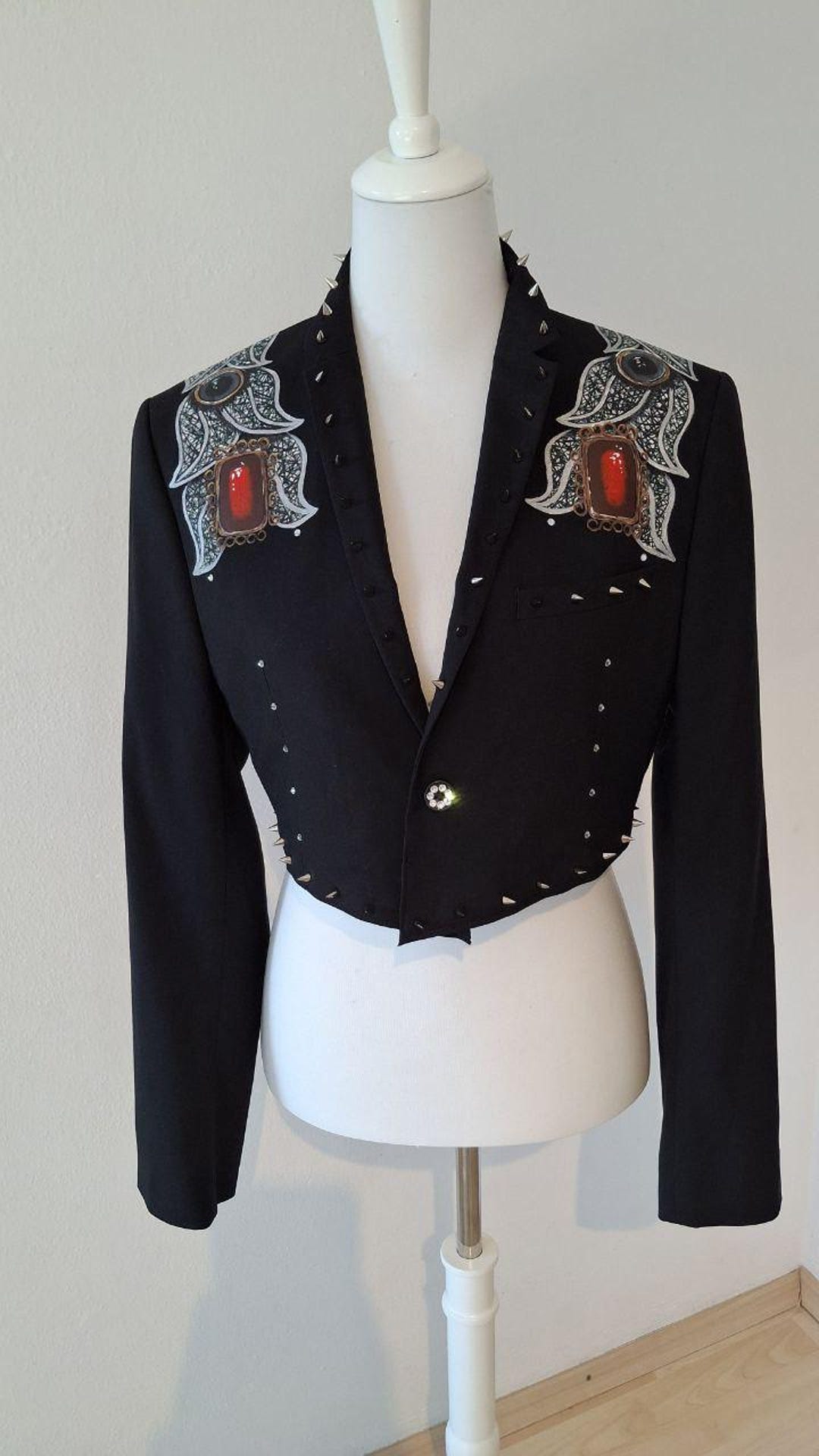 Runway Black Cropped Blazer With Hand-painted Diamonds and Red Jewels ...