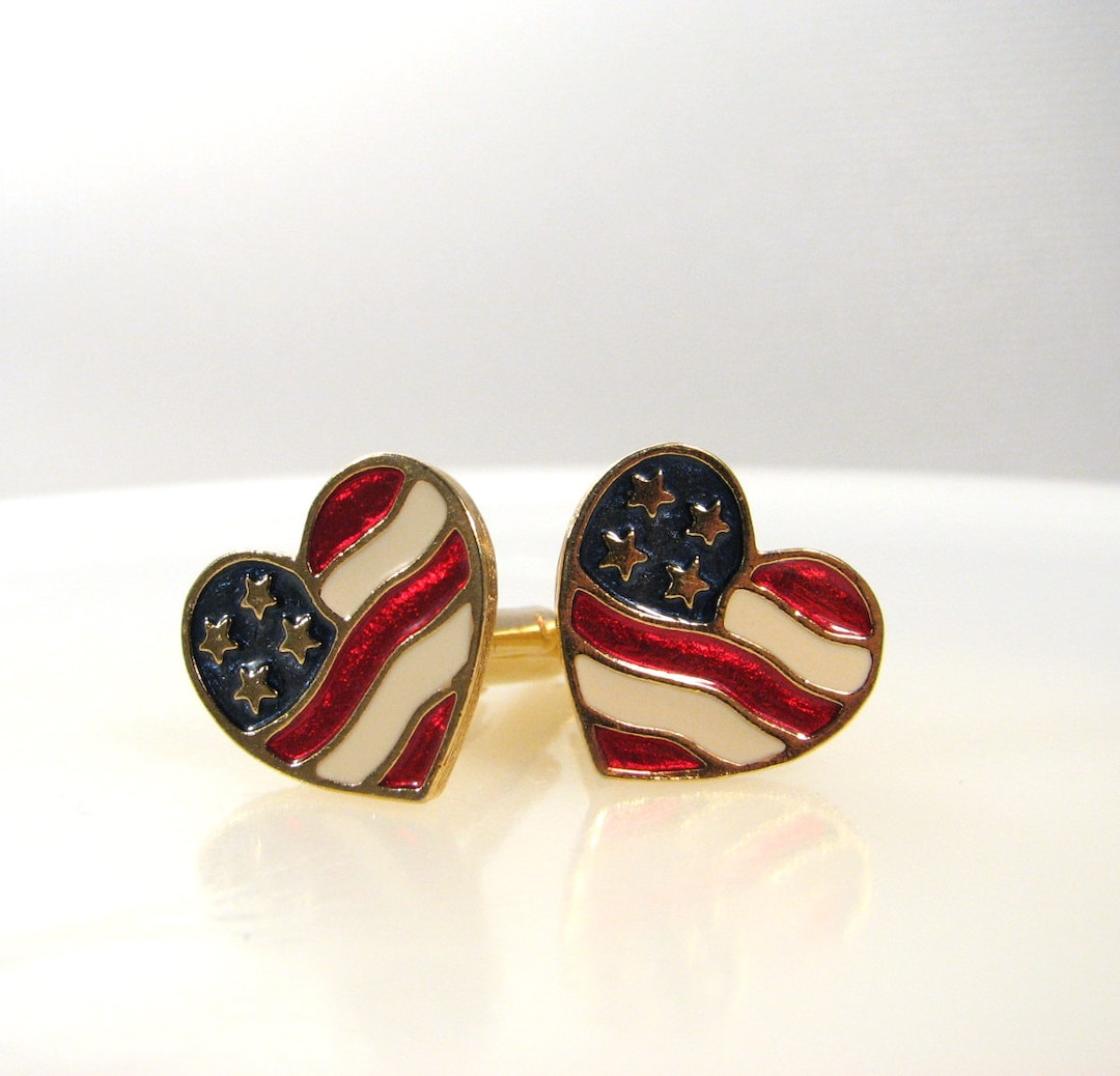 SALE Cuff Links Men Women American Flag Heart Shape Upcycled Fourth of ...