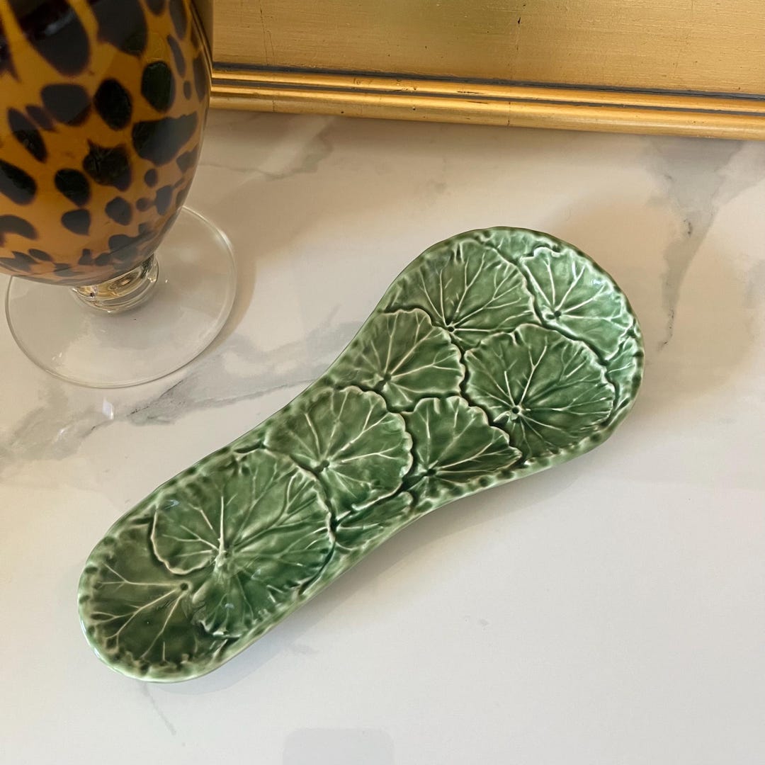 Vintage Olfaire Pottery Majolica Leaves Cabbage Green Ceramic Spoon ...