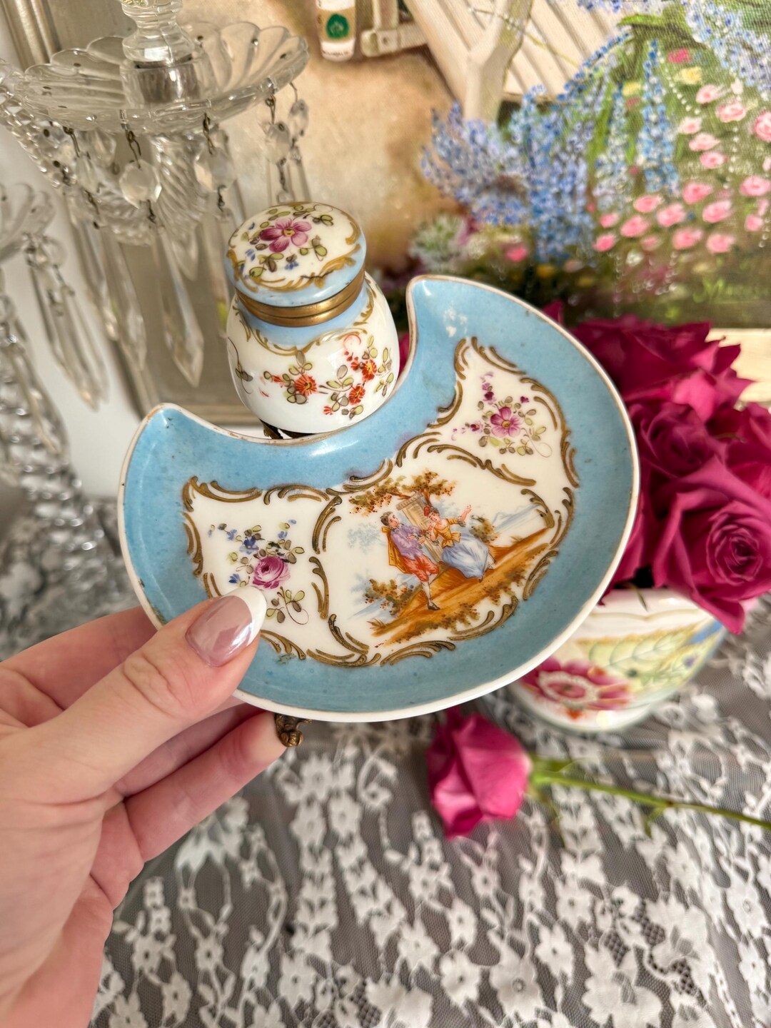 Antique Porcelain French Hand-painted Inkwell - Etsy