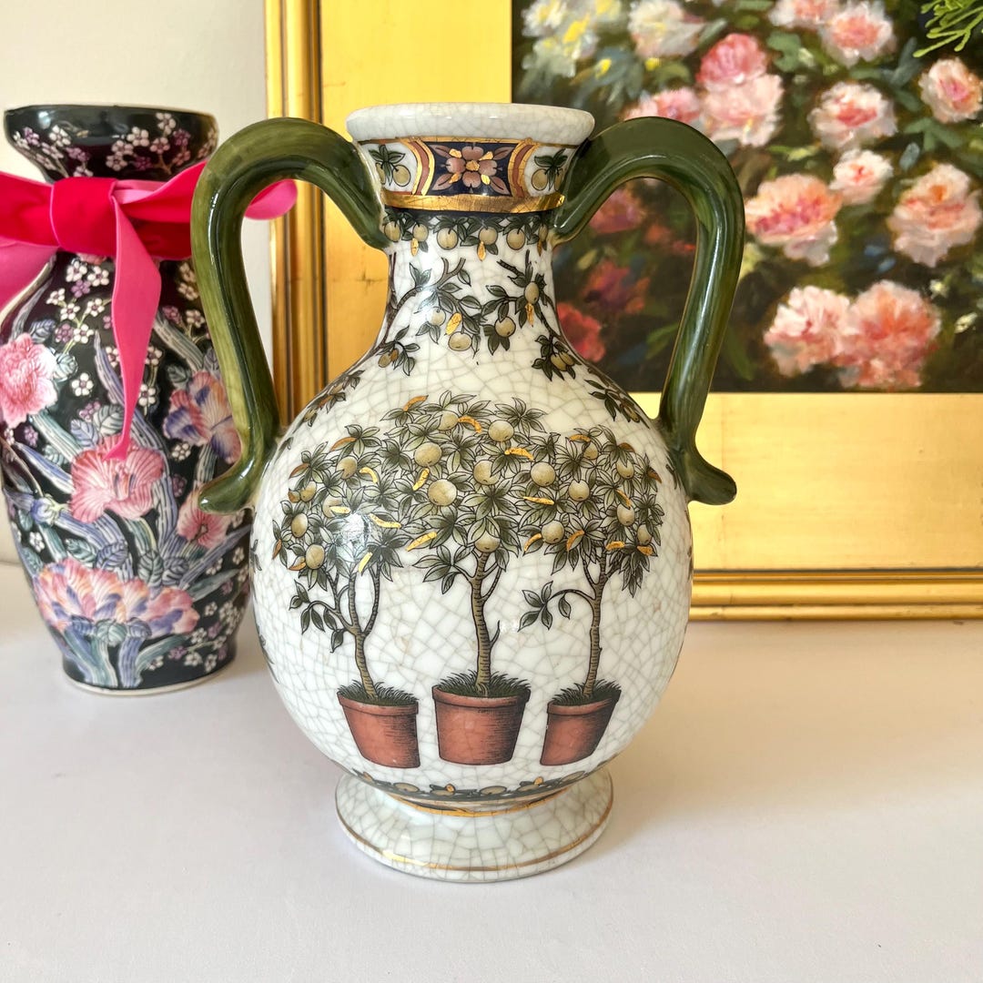 Vintage Hand Painted Lemon Tree Trophy Vase With Green Handles and ...