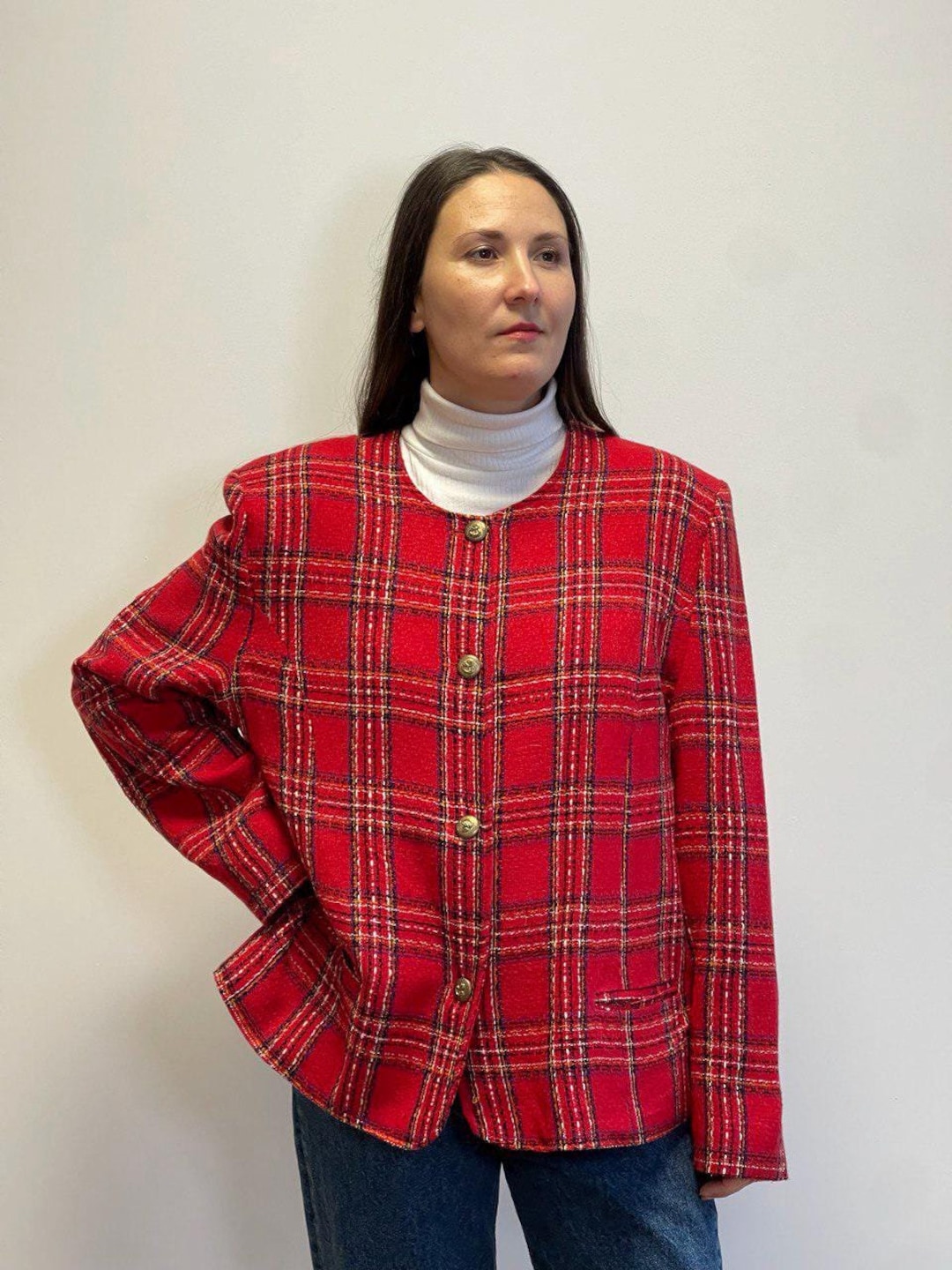 Vintage Red Plaid Wool Blazer, 80s Checkered Jacket, XXL - Etsy