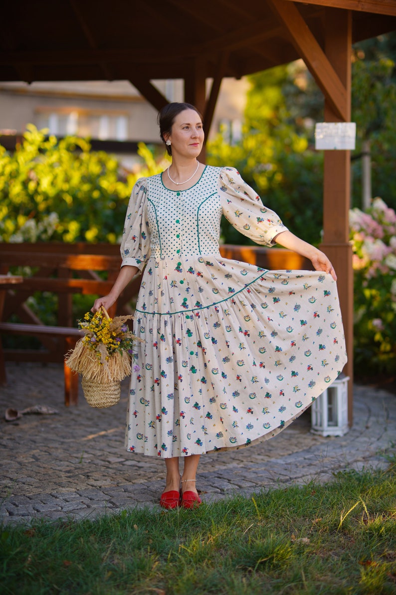 Austrian Vintage Dirndl Dress, Button Sleeve, Handmade Linen Midi Dress ...