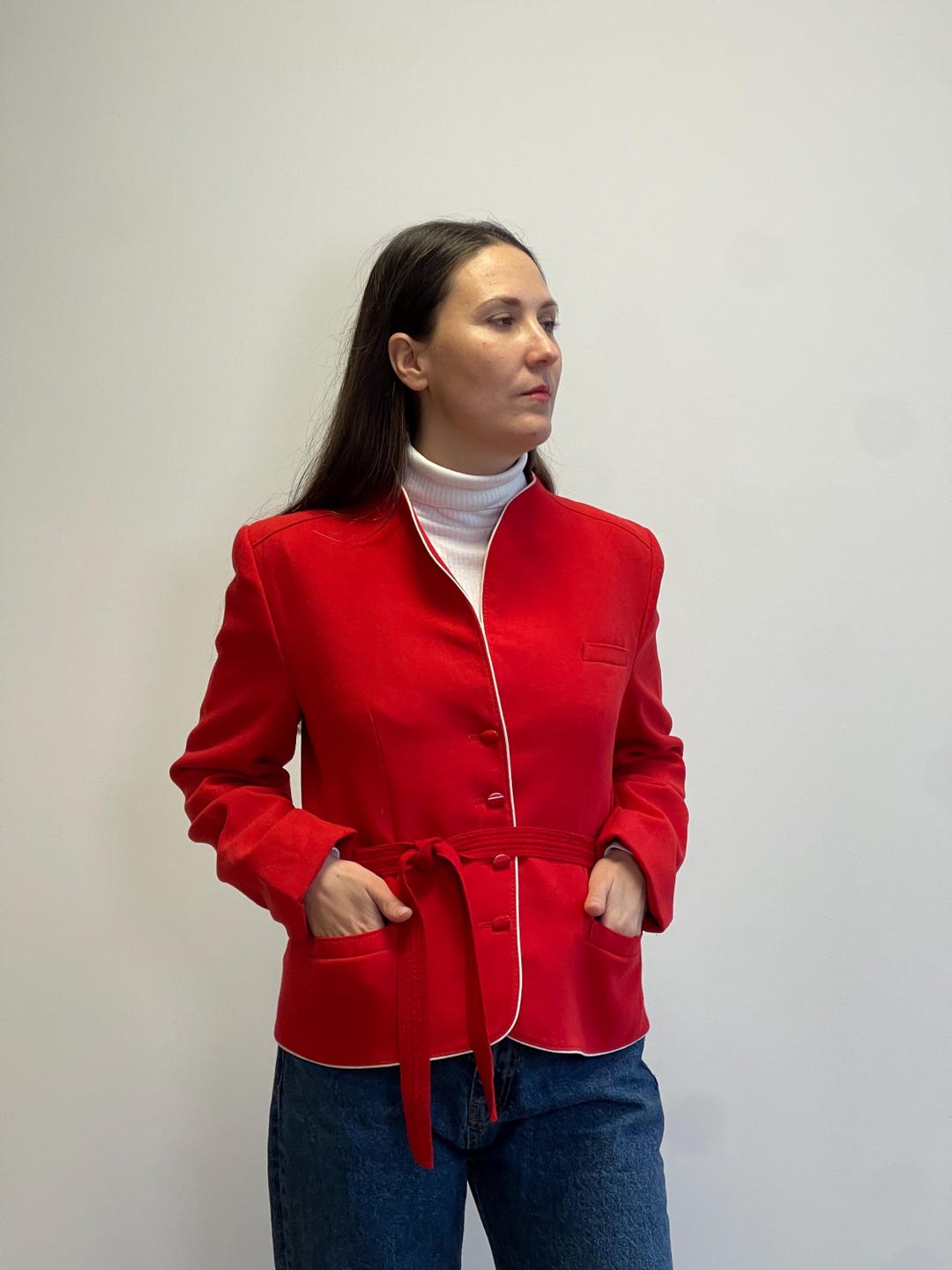 Red Cropped Jaket, Red Retro Blazer, Vintage Office Clothes, Minimalist ...