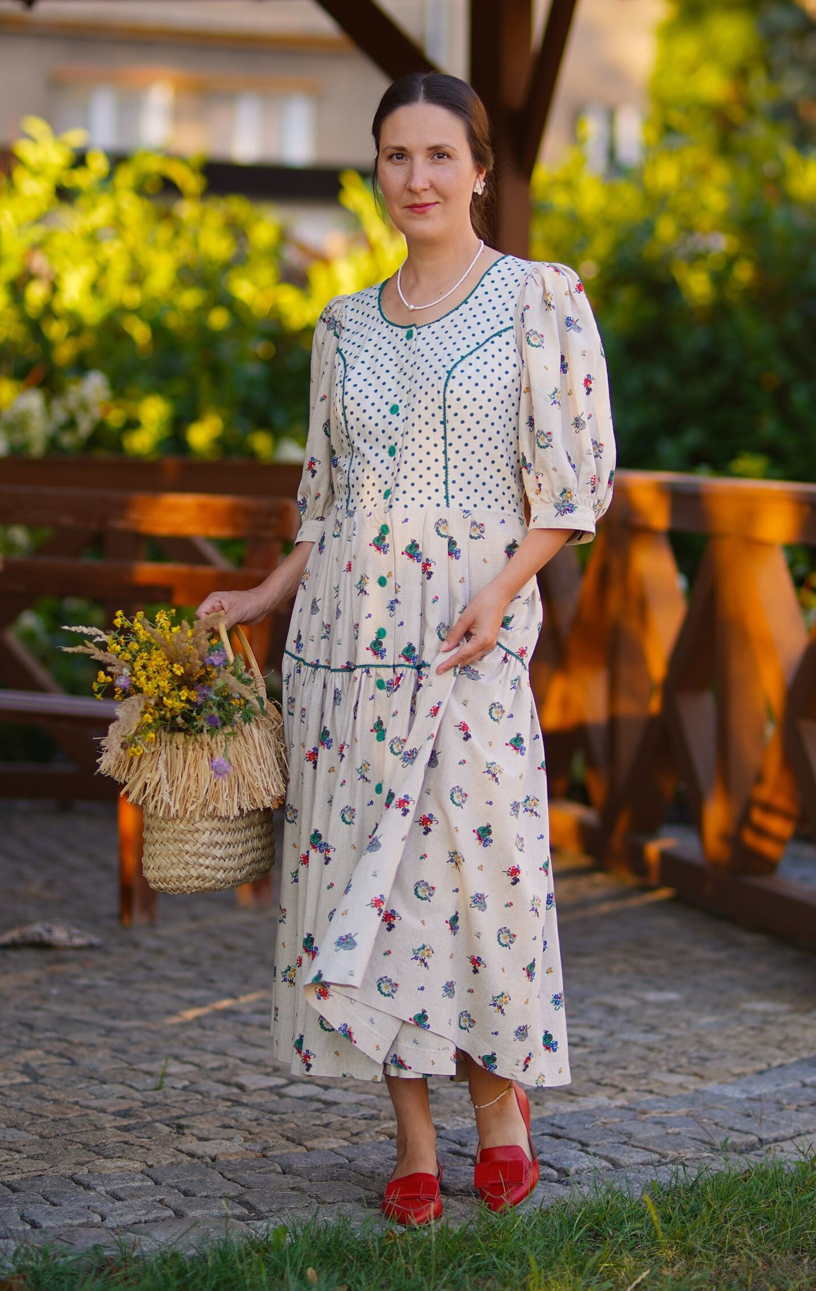 Austrian Vintage Dirndl Dress, Button Sleeve, Handmade Linen Midi Dress ...