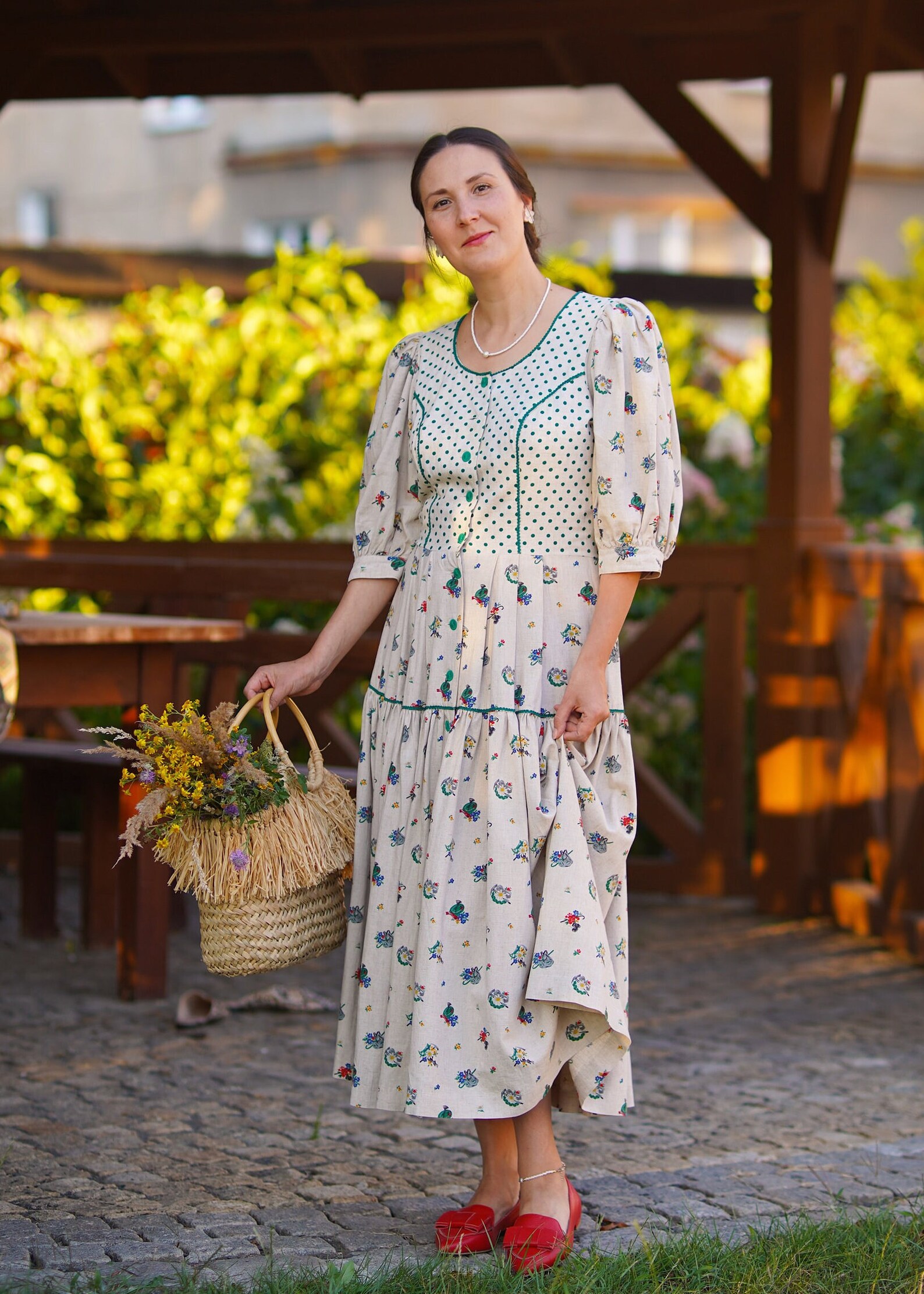 Austrian Vintage Dirndl Dress, Button Sleeve, Handmade Linen Midi Dress ...