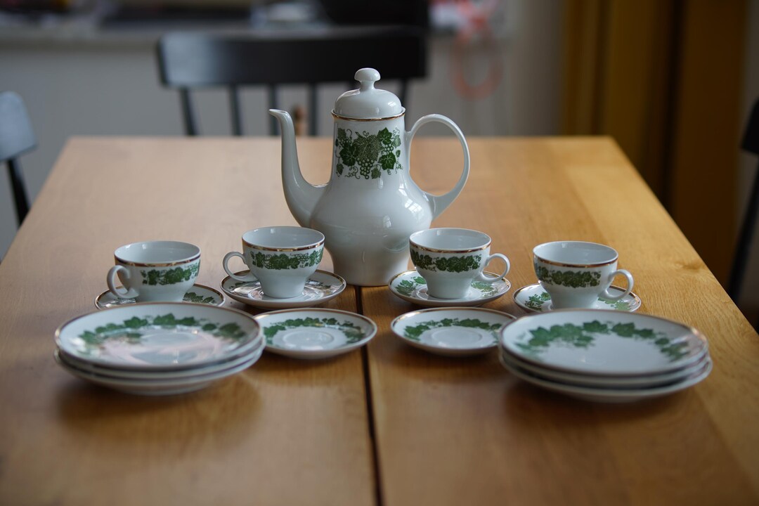 Kahla Porcelain Tea Set With Plant Ornament, 17 Pieces, Vintage 1960s Coffee Set With Gold Frame ...