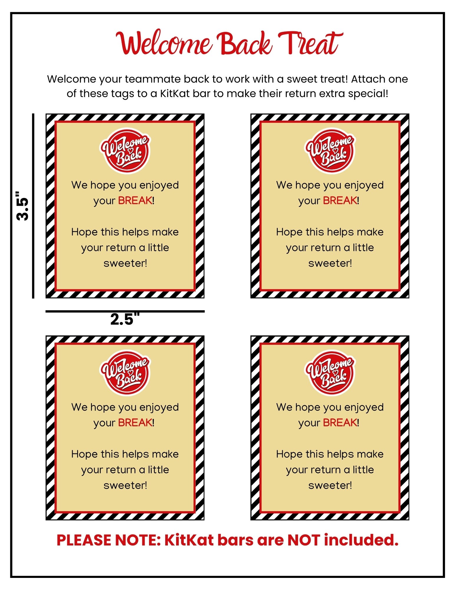 Welcome Back Treat! Gift Tags for Kitkat Candy Bars - Printable PDF ...