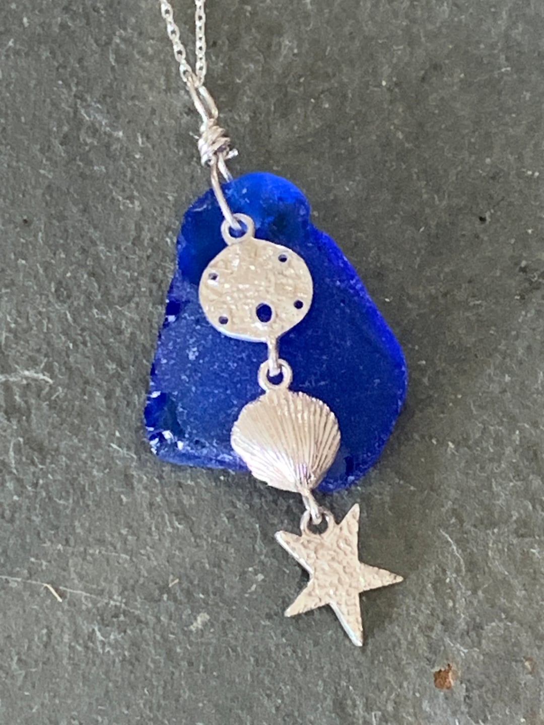 Cobalt Sea Glass With Sterling Shells and Sterling Silver Chain - Etsy