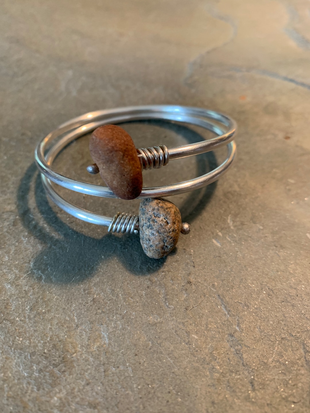 Sterling Silver Beach Stone Bangle Bracelet - Etsy