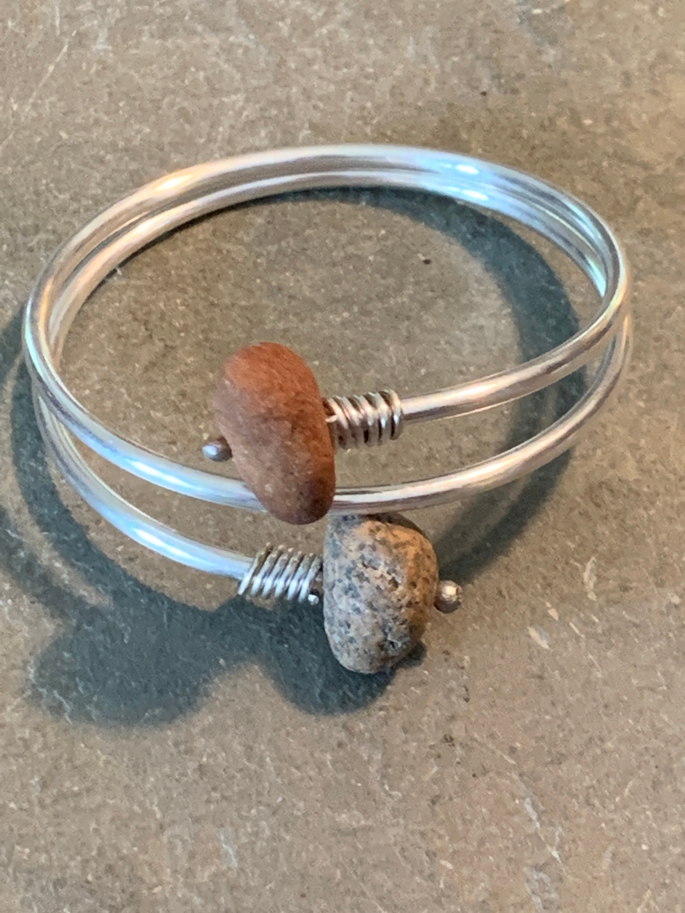 Sterling Silver Beach Stone Bangle Bracelet - Etsy