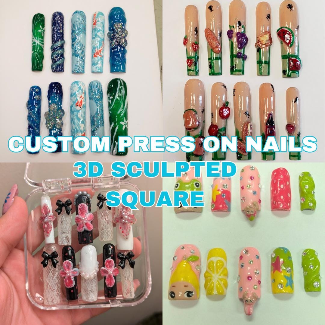 Custom or Freestyle, Sculpted 3D Press on Nails SQUARE Shape see ...