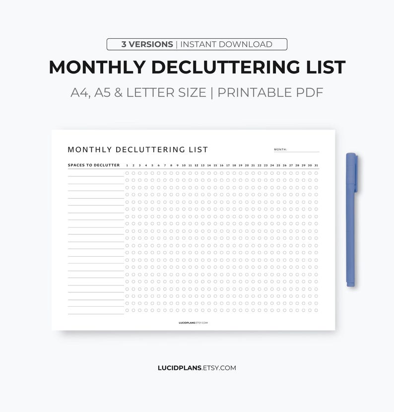 Monthly Tracker Printable Landscape Template 30 Day Declutter Checklist ...