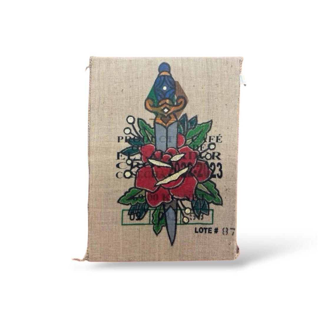 Traditional Tattoo Burlap Coffee Sack Large Wall Art, Hand Painted Rose ...
