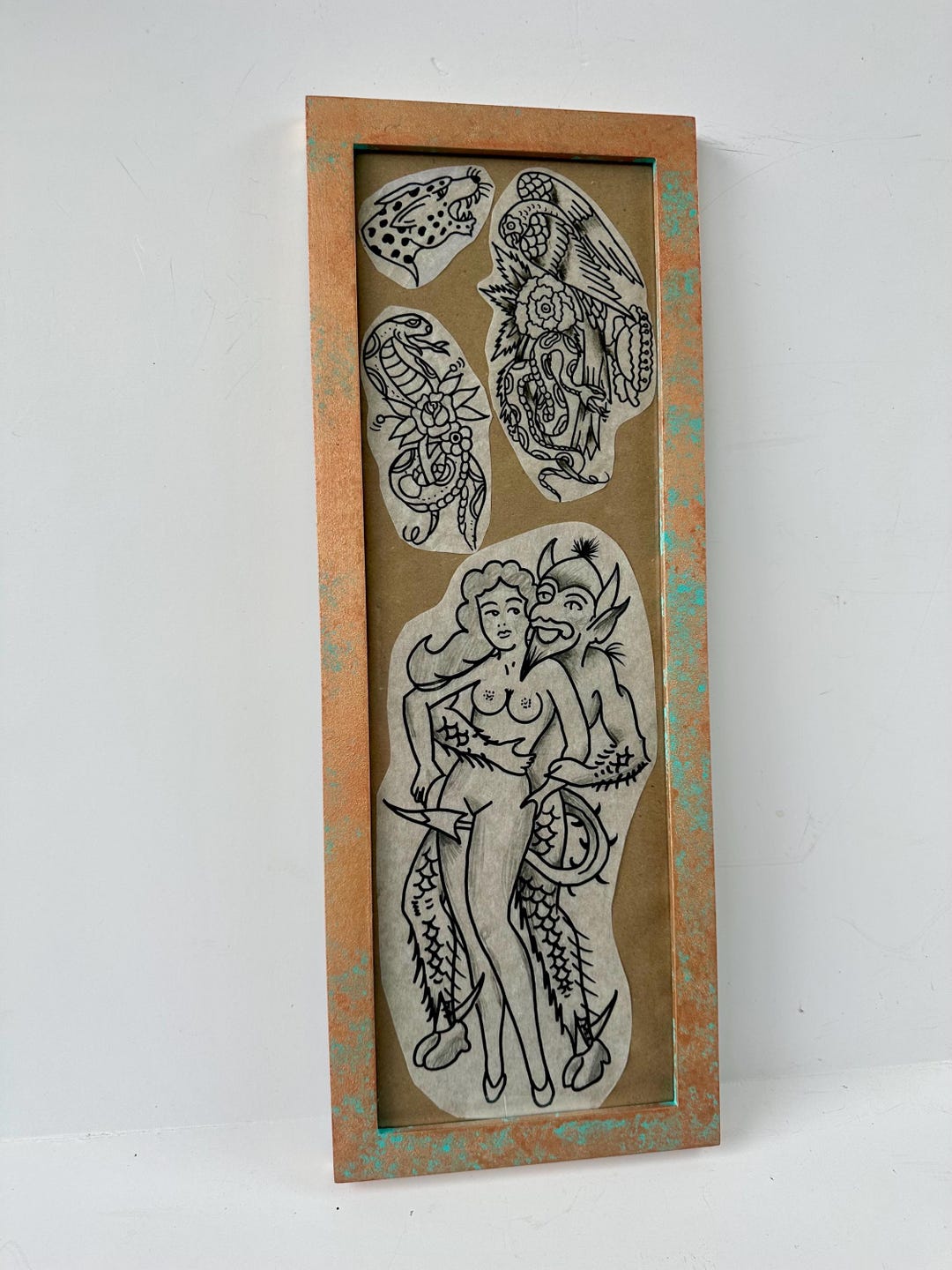 American Traditional Tattoo Flash Sheet, Sketches and Shading References in Custom Frame ...