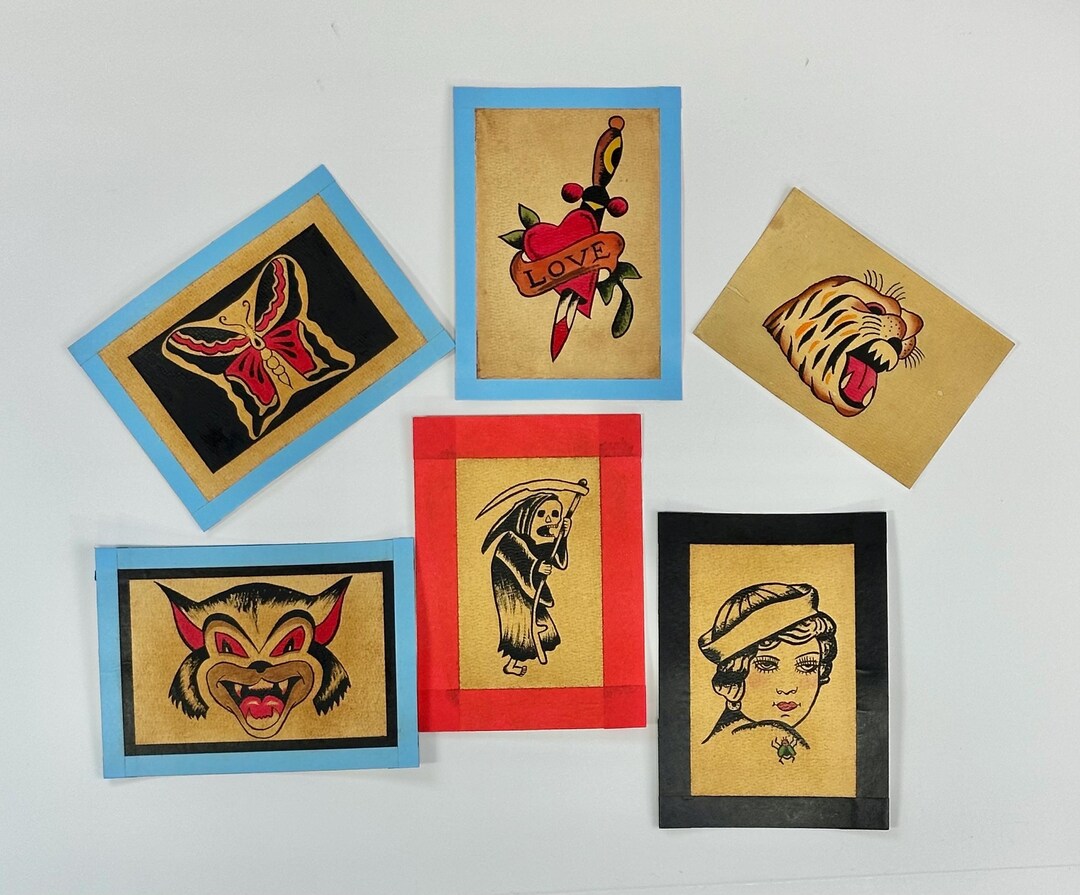 6 Traditional Tattoo Cards (set of 6 5x7) Hand Painted Vintage Inspired ...