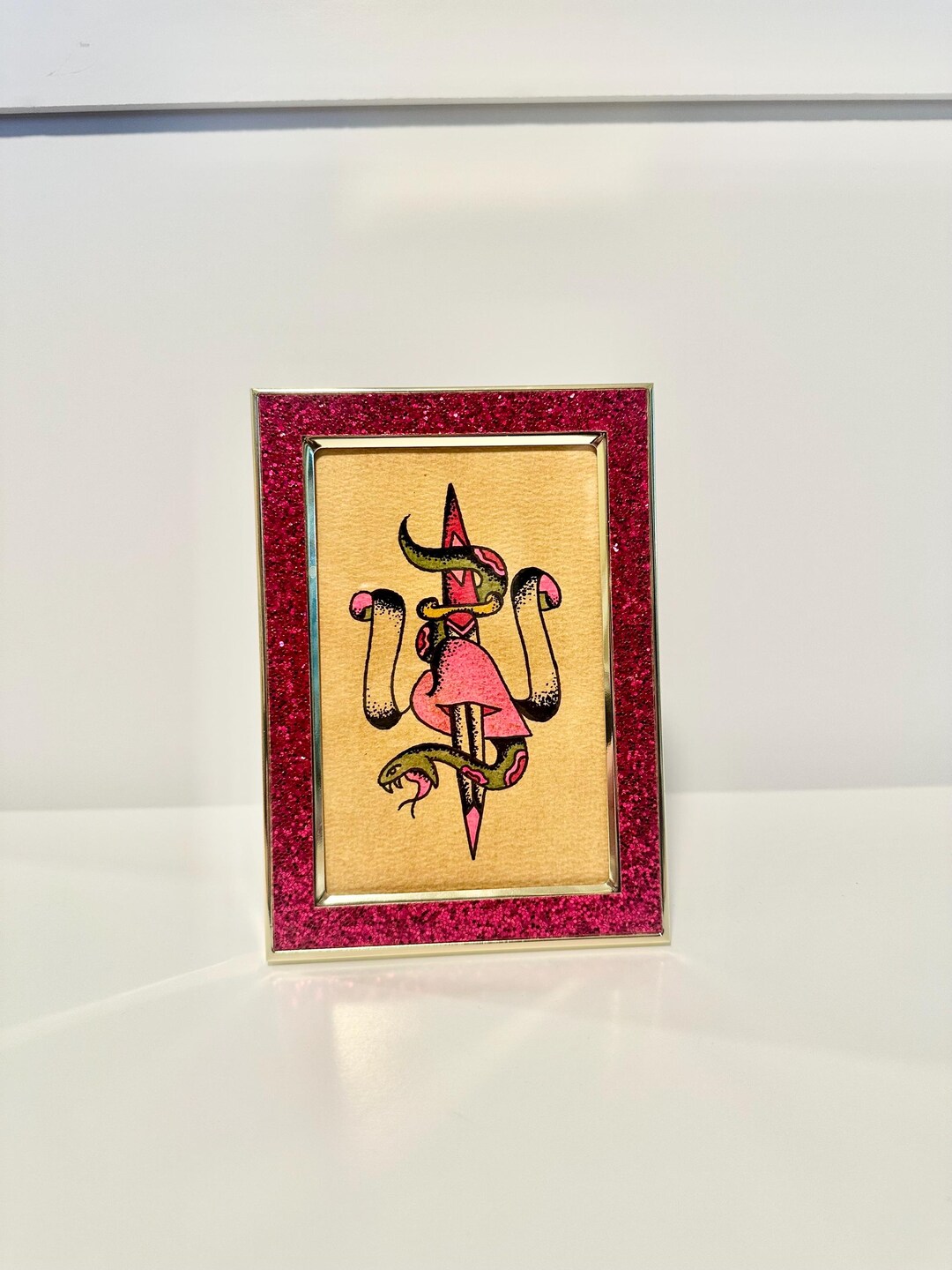 Handpainted American Traditional Snake, Pink Glitter Framed American ...