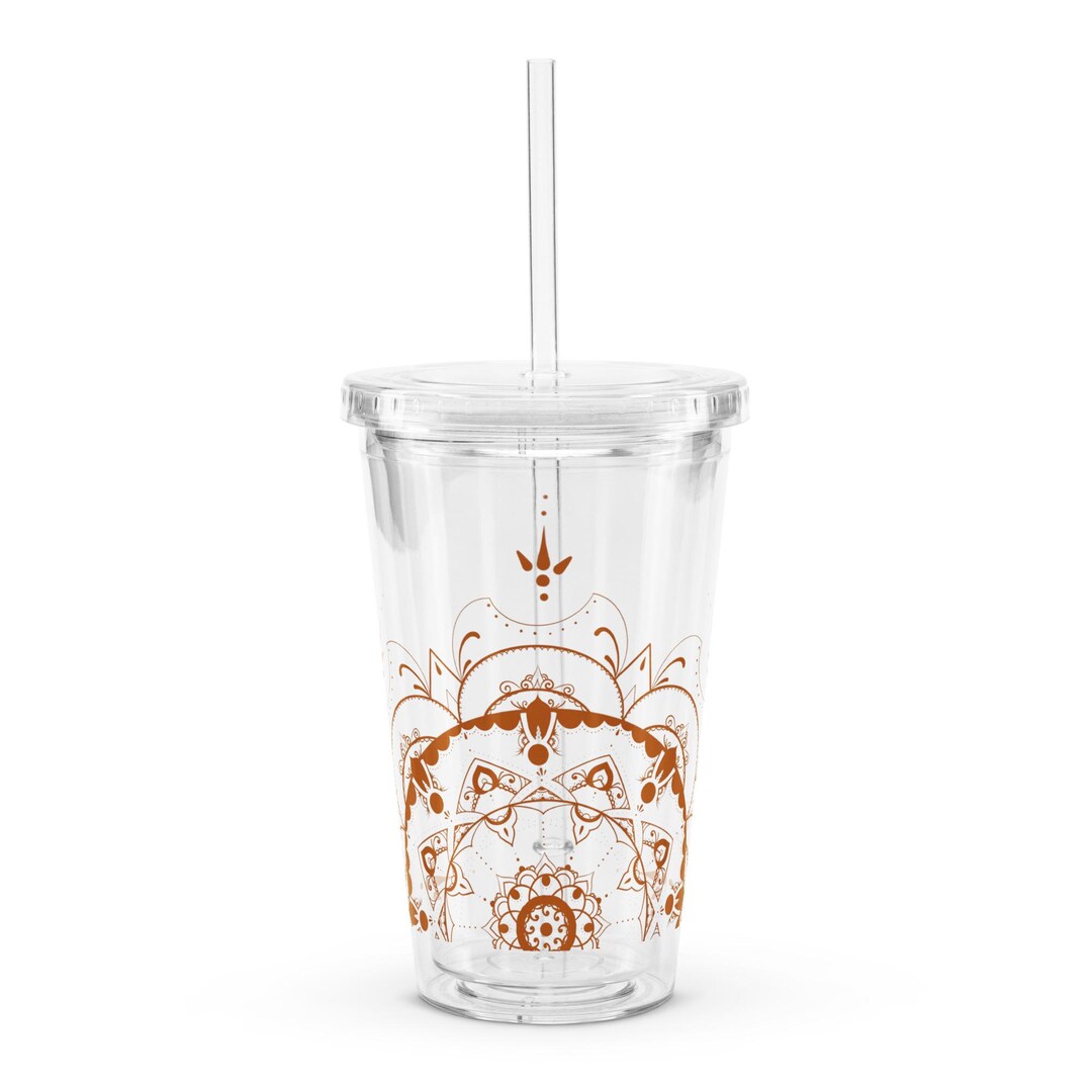 Clear Plastic Cup, With Detailed Mandala, Orange, Coffee Mug, Takeaway ...