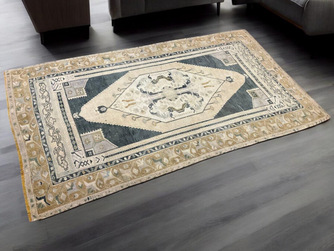 Handmade Oushak Rug: Vintage Turkish Blue Rug (3'8x6'6 Ft) - Etsy