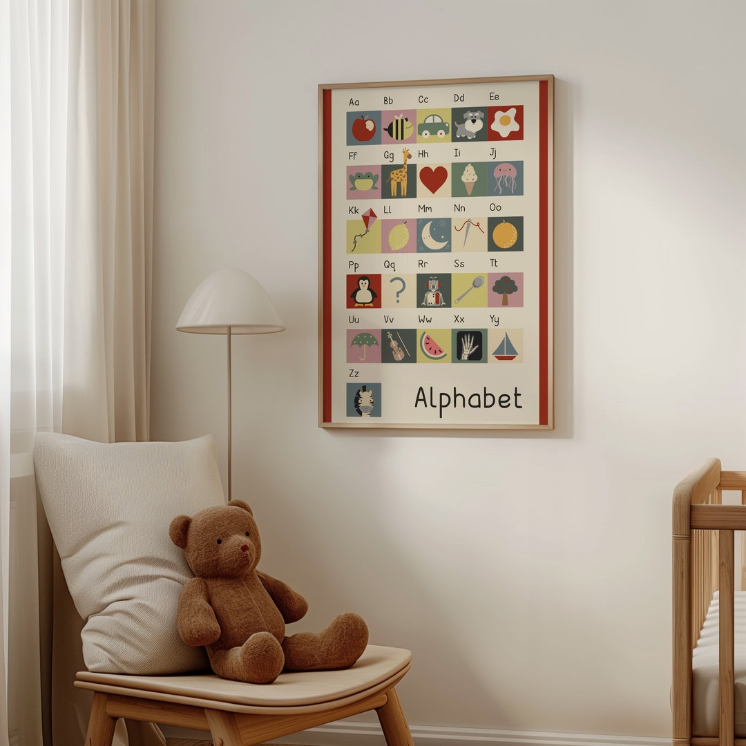A4 Children's Alphabet in Muted Tones in Red, Educational Wall Art ...