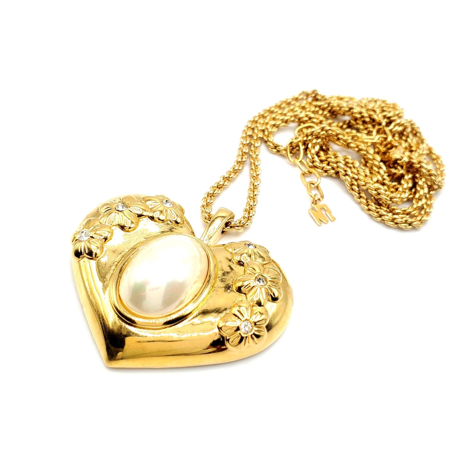 Vintage NINA RICCI Heart, Faux Pearl, Rhinestones, Gold Tone Pendant ...
