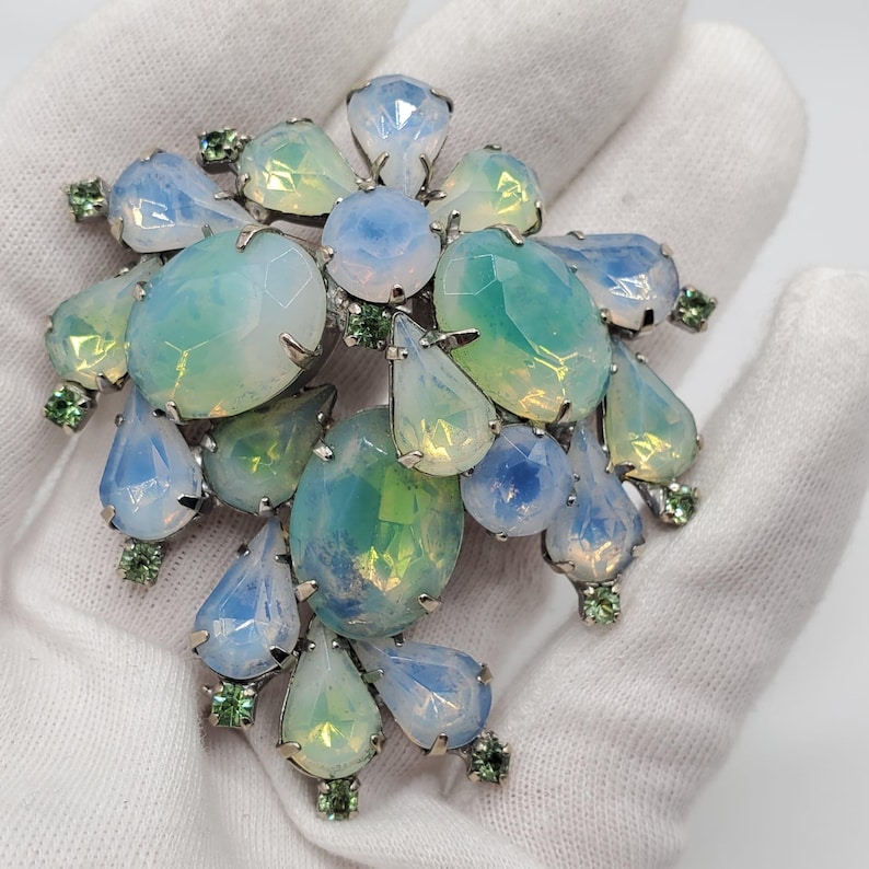 Vintage KRAMER of NEW YORK Blue, Green Moonstone Rhinestones Cactus ...