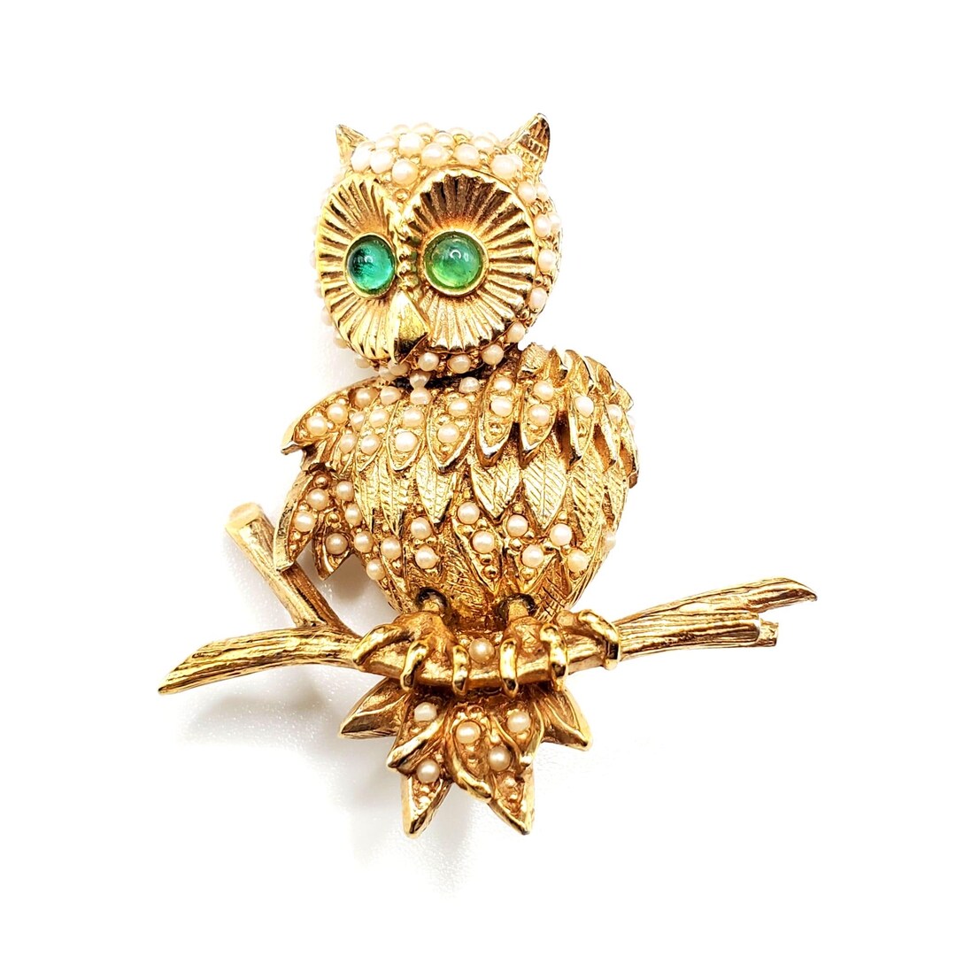 Vintage CINER Signed OWL Gold Tone Faux Pearls Green Eyes Brooch Pin - Etsy
