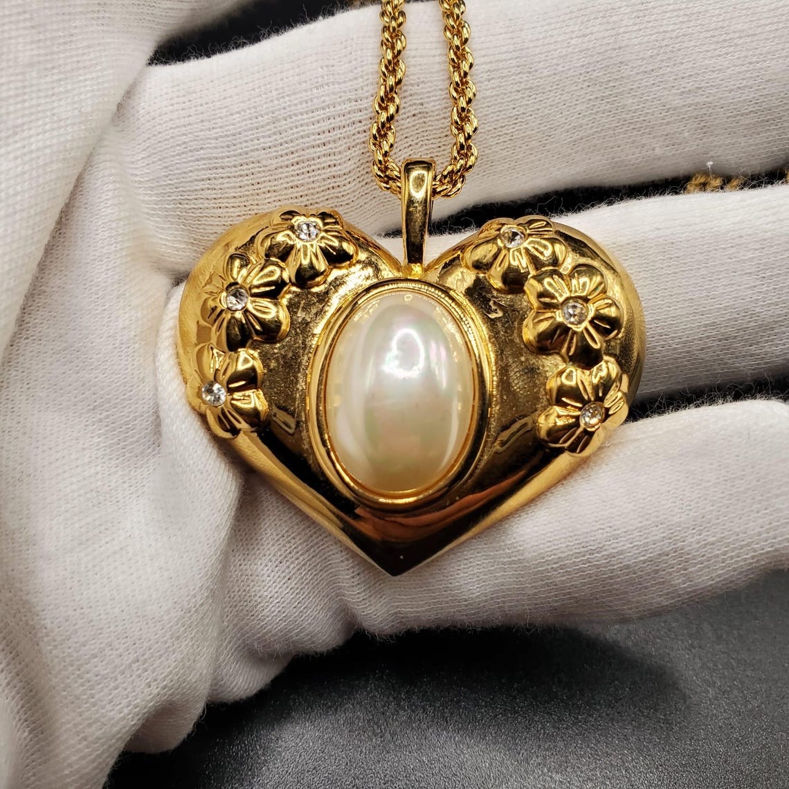 Vintage NINA RICCI Heart, Faux Pearl, Rhinestones, Gold Tone Pendant ...
