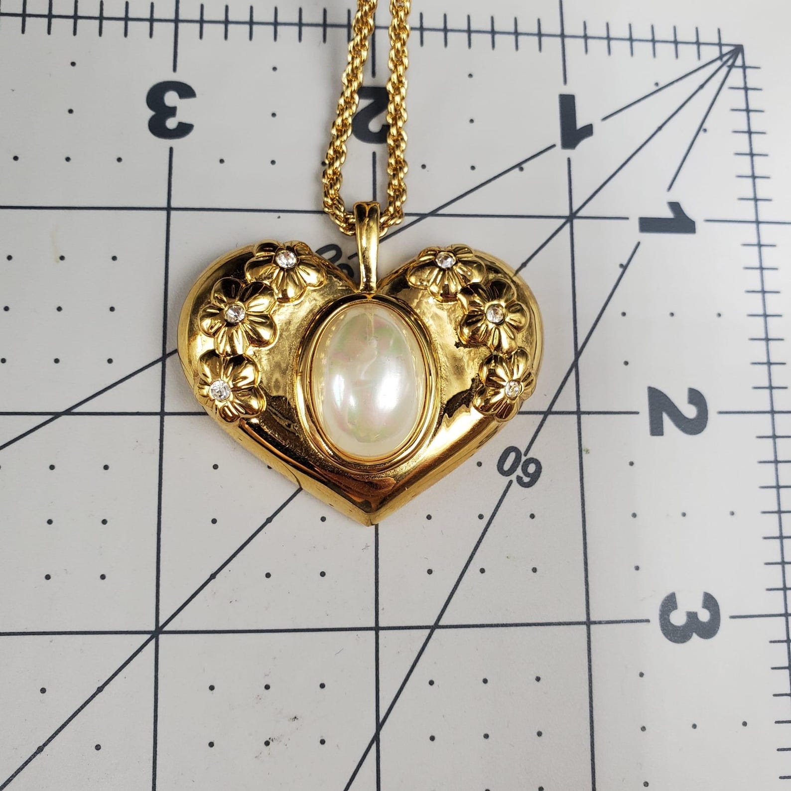 Vintage NINA RICCI Heart, Faux Pearl, Rhinestones, Gold Tone Pendant ...