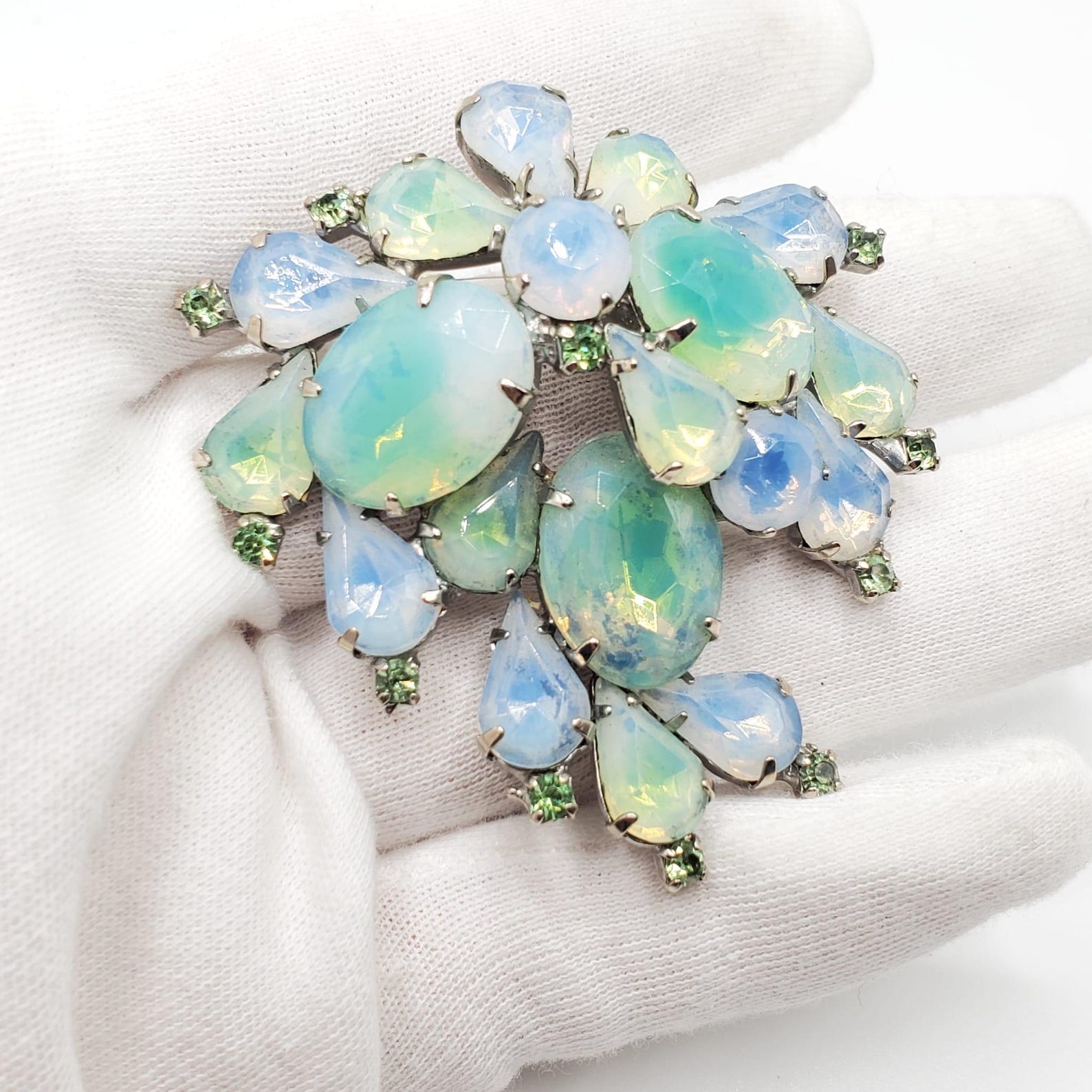 Vintage KRAMER of NEW YORK Blue, Green Moonstone Rhinestones Cactus ...